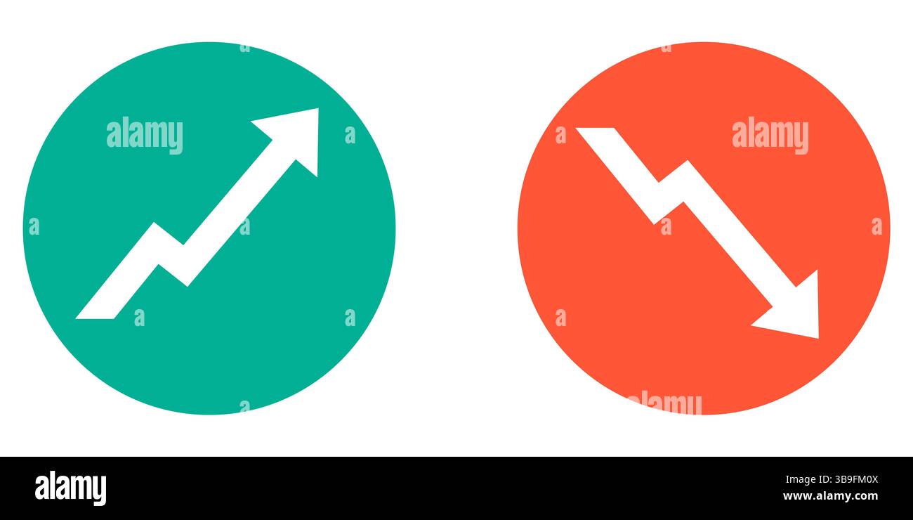 2 buttons in red and green, rising arrow, falling arrow Stock Photo - Alamy