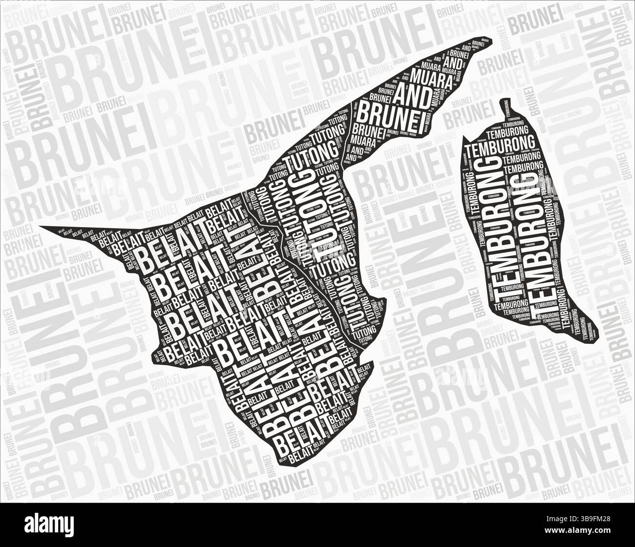 Brunei regions map word cloud. Brunei region names. Black and white map ...