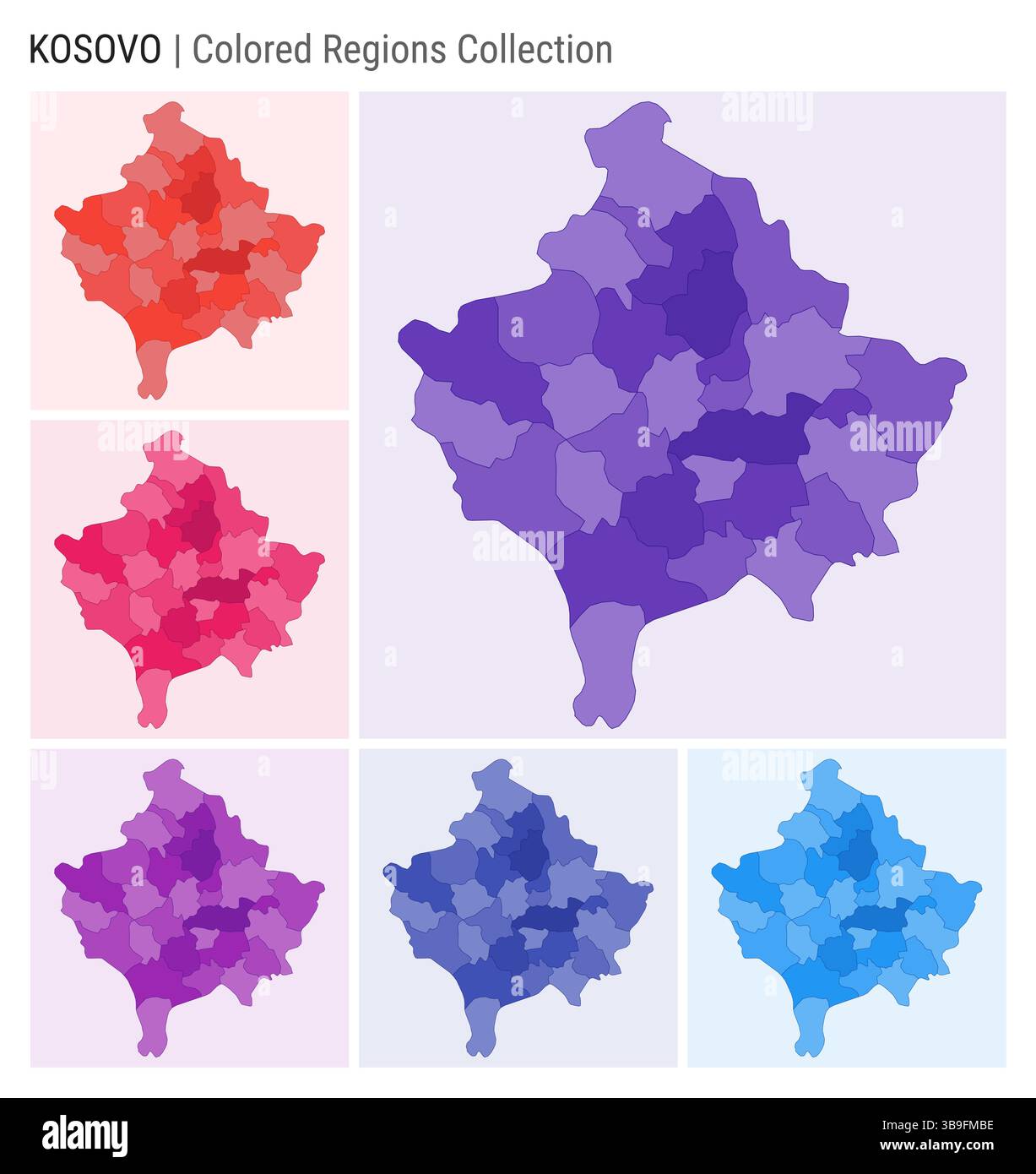 Kosovo map collection. Country shape with colored regions. Deep purple ...