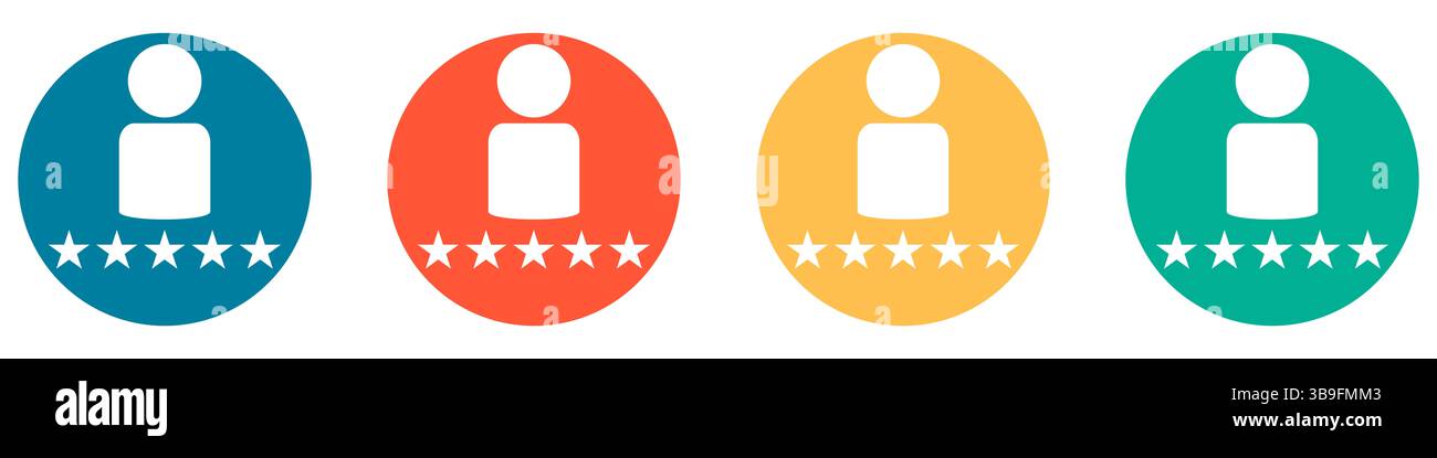 Icons in blue red orange and green show person with 5 star rating Stock ...
