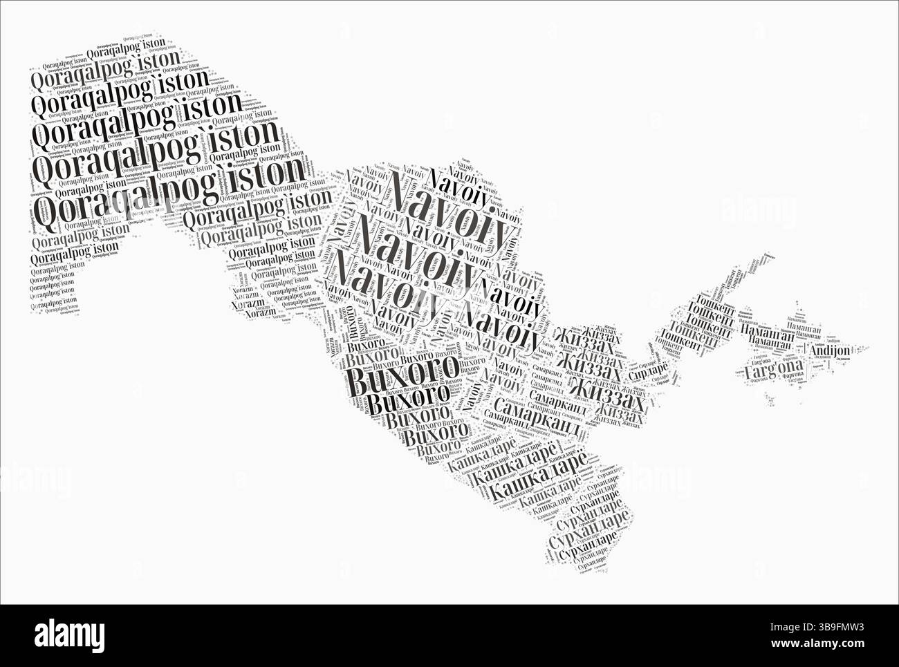Uzbekistan Text Style Regions. Country region names word clouds in ...
