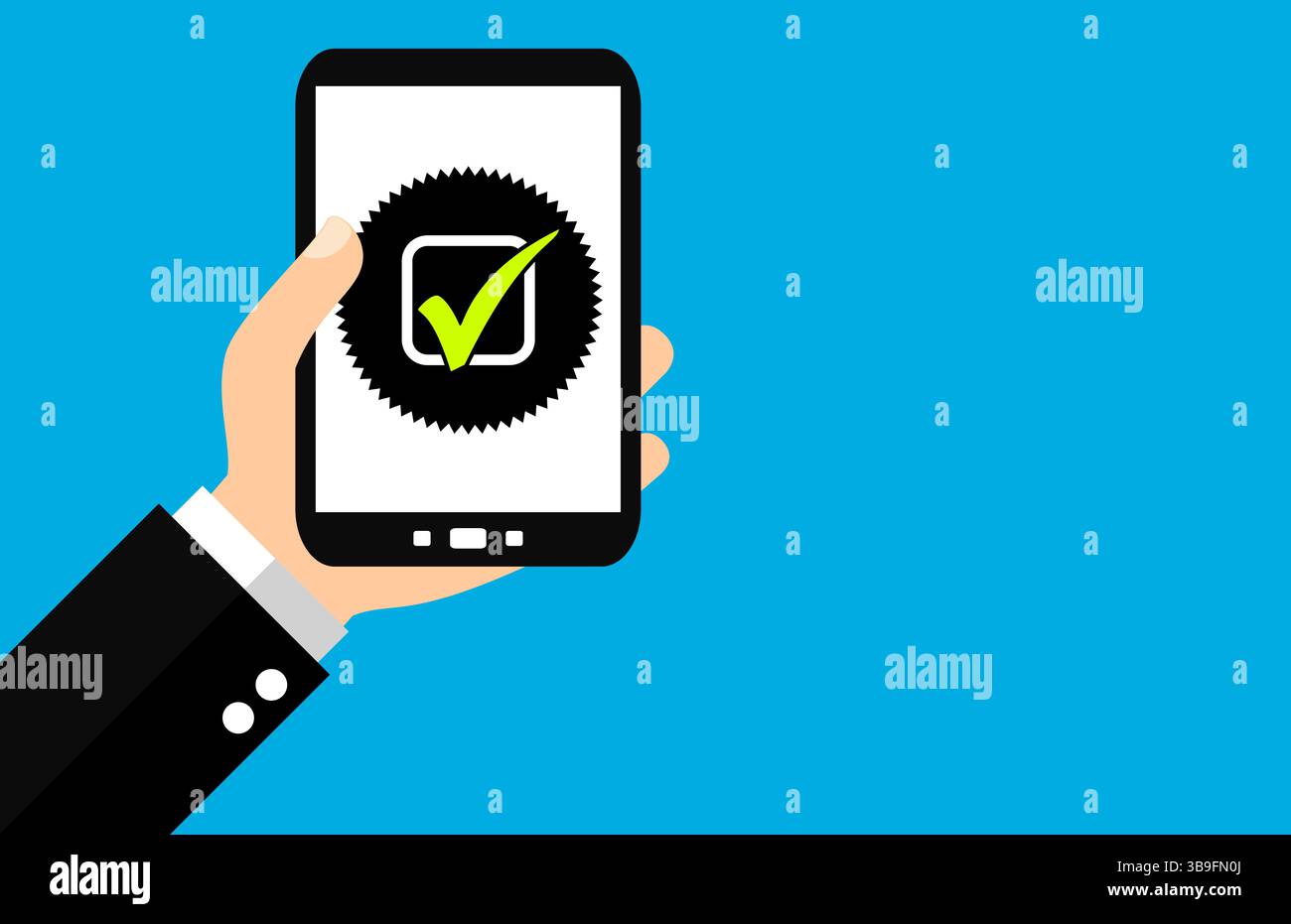 Hand holding smartphone: check, solution, confirmation or finished ...