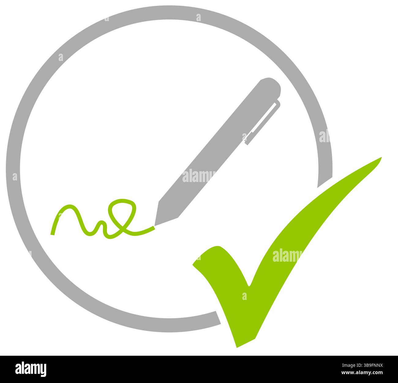 Grey circle, green tick and syringe show pen, writing or editing Stock ...
