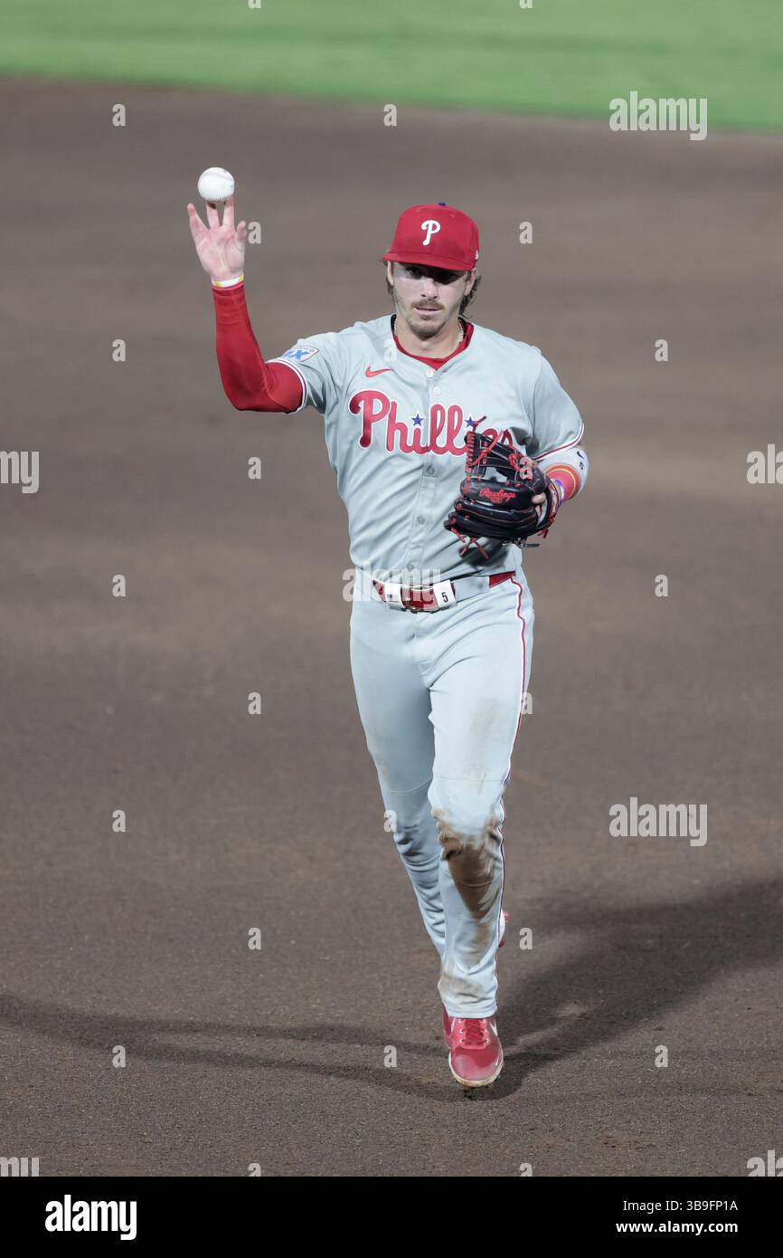 Tampa, FL USA: Philadelphia Phillies second base Bryson Stott (5) throws out Tampa Bay Rays ...
