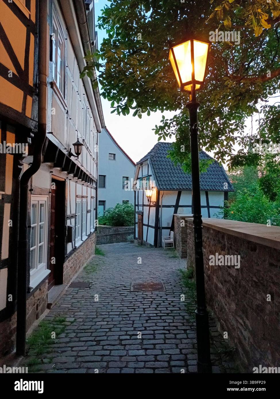 Historic alley with half-timbered houses and lantern in the old town of ...