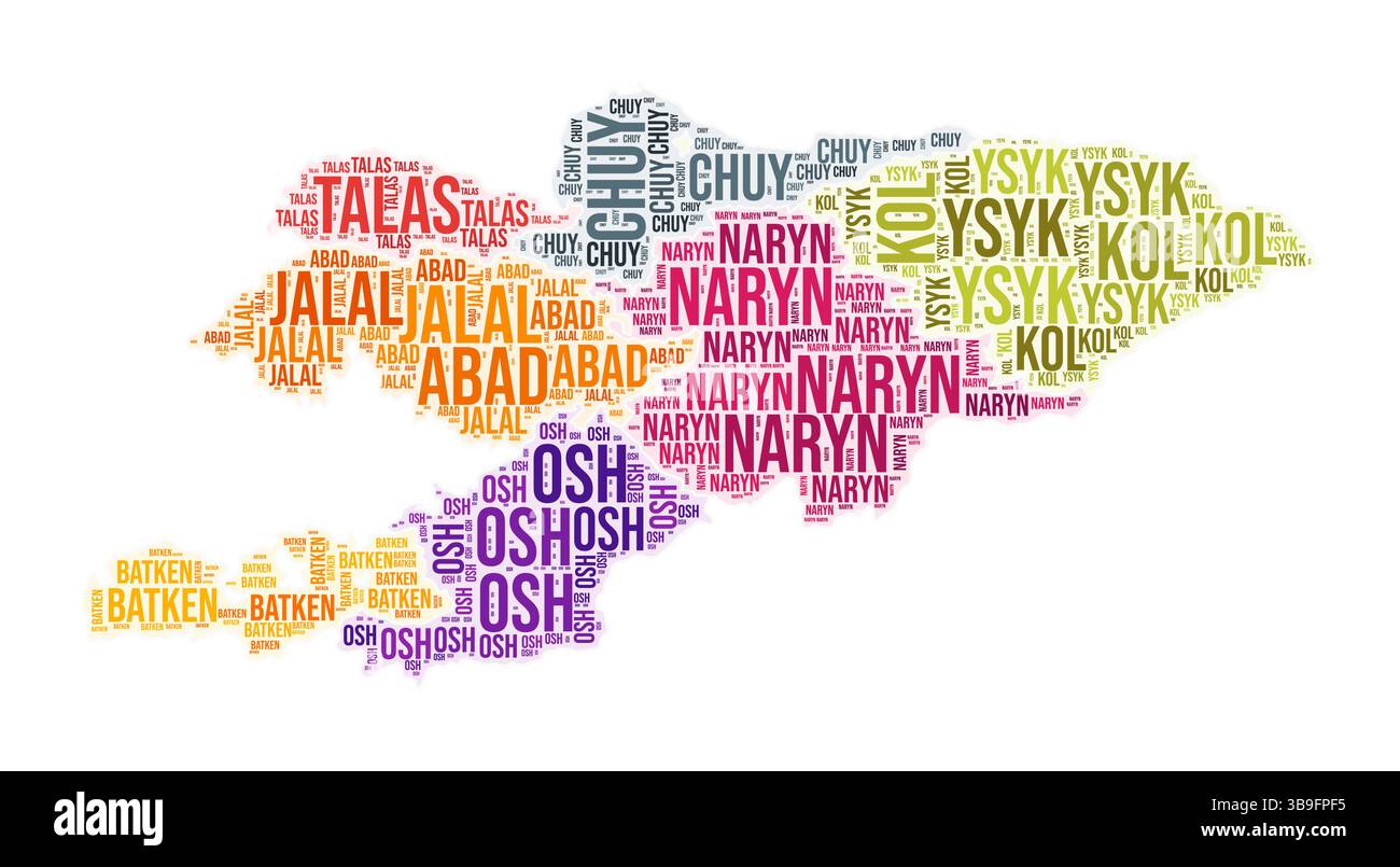 Kyrgyzstan region word cloud. Country shape design. Kyrgyzstan colored ...