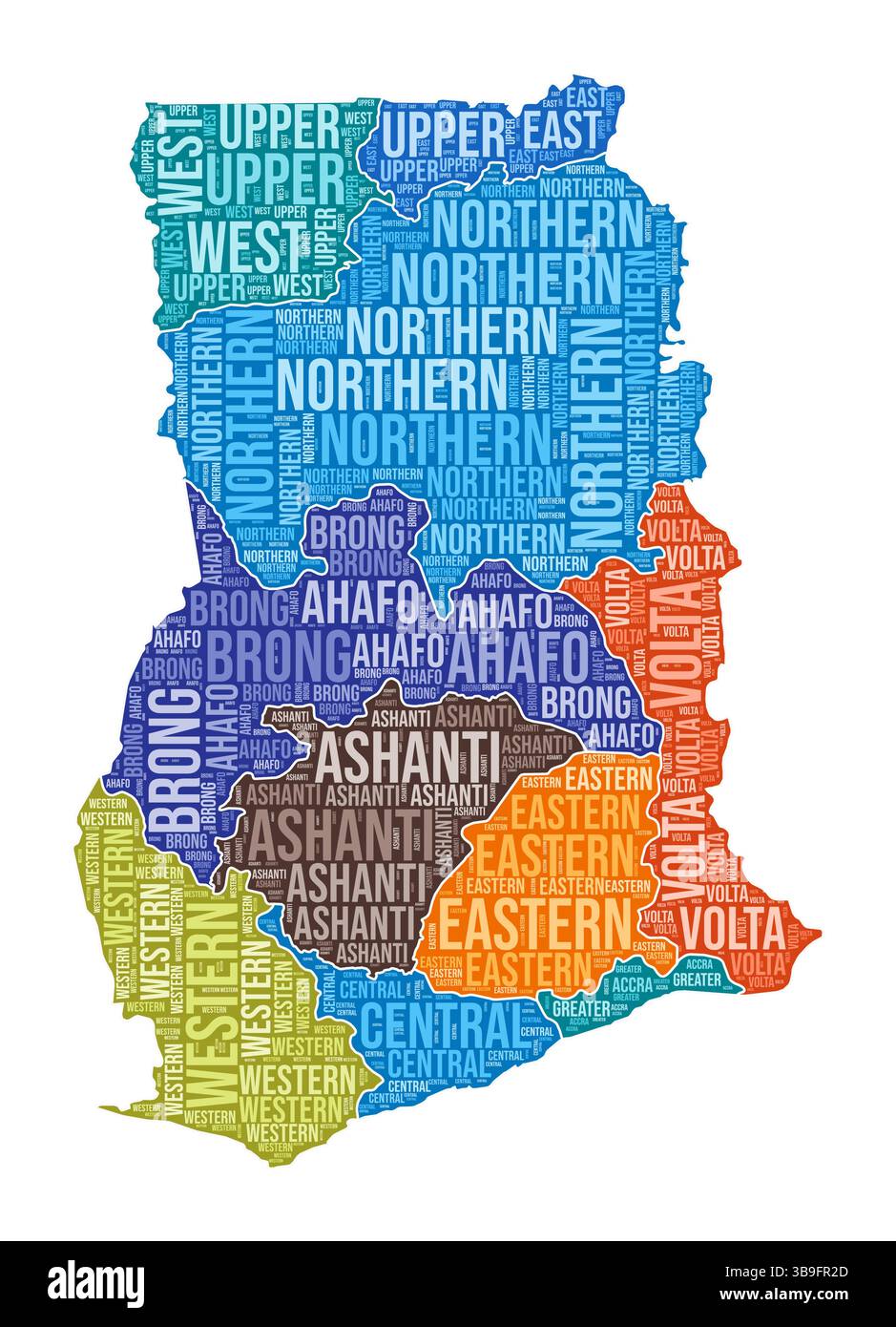 Ghana shape. Country word cloud with region division. Ghana colored ...