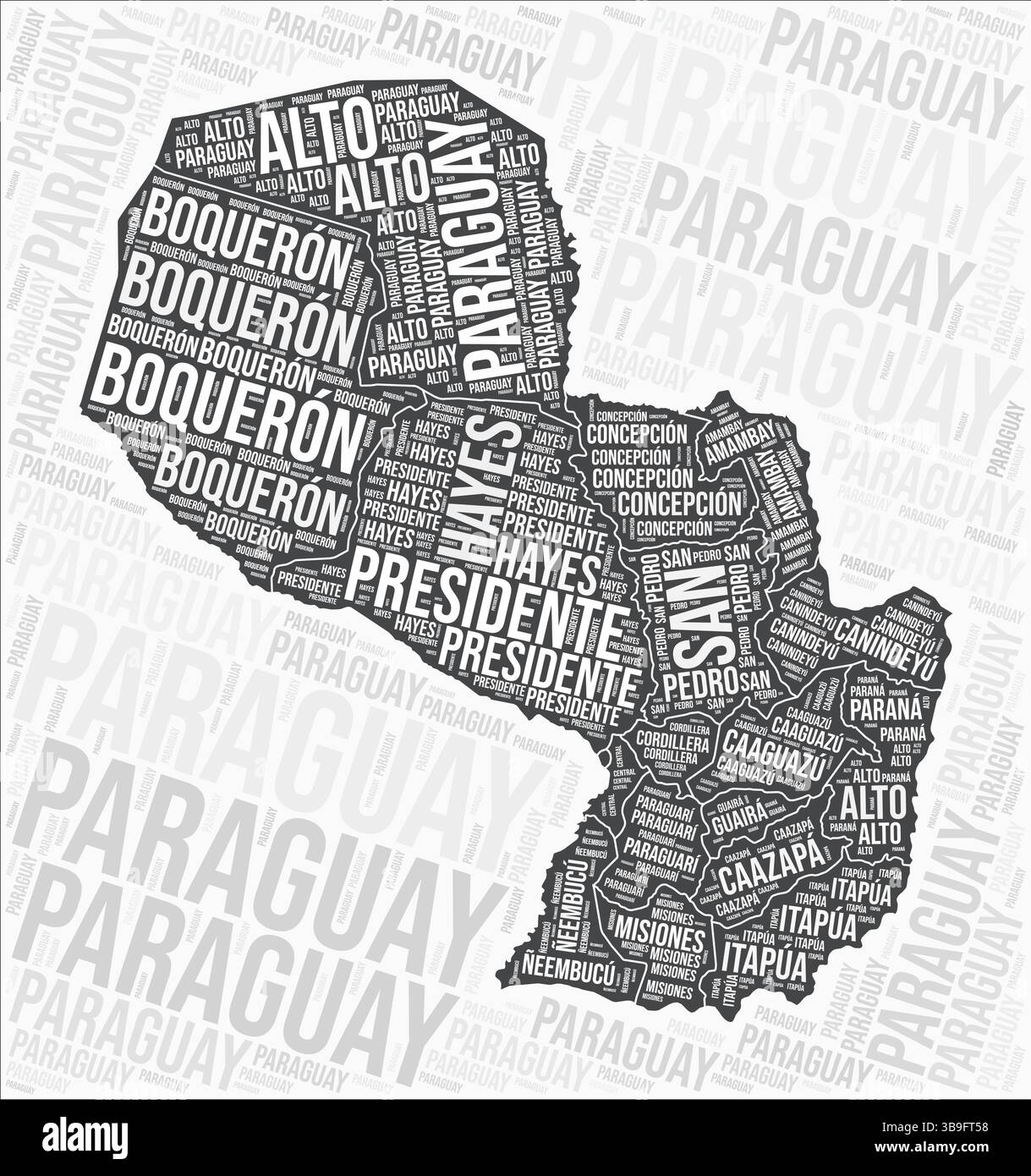 Paraguay regions map word cloud. Paraguay region names. Black and white ...