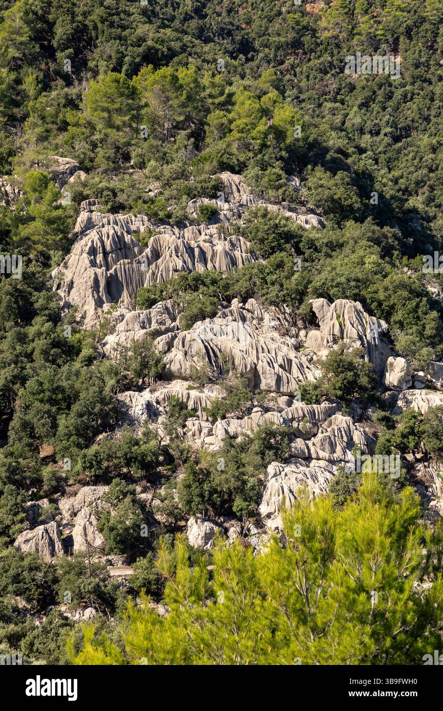 Rock formations in the Tramuntana Mountains near the Lluc Monastery ...