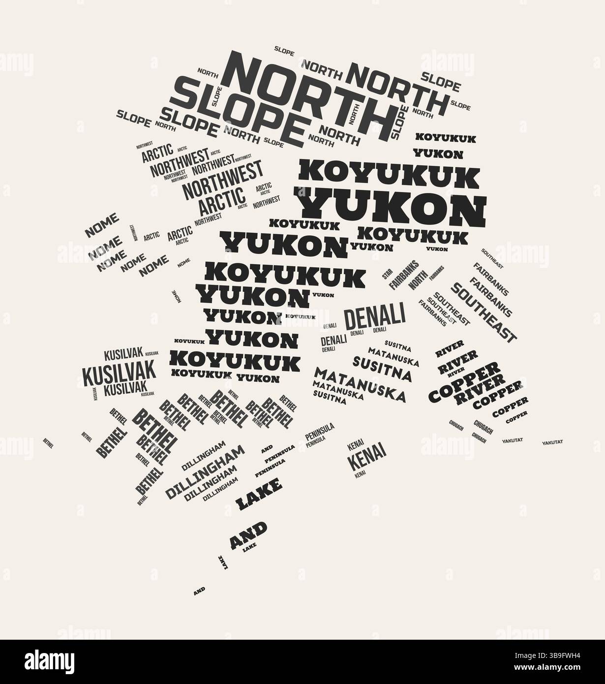 Alaska Word Cloud. State with county divisions. Alaska typographic text ...