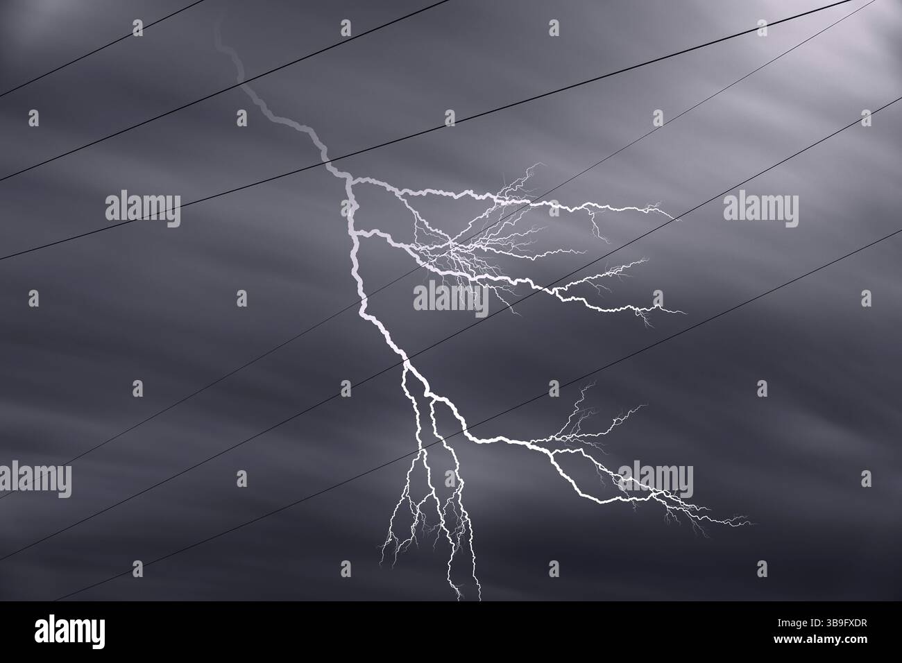 Power lines with lightning in front of a dramatic sky Stock Photo - Alamy