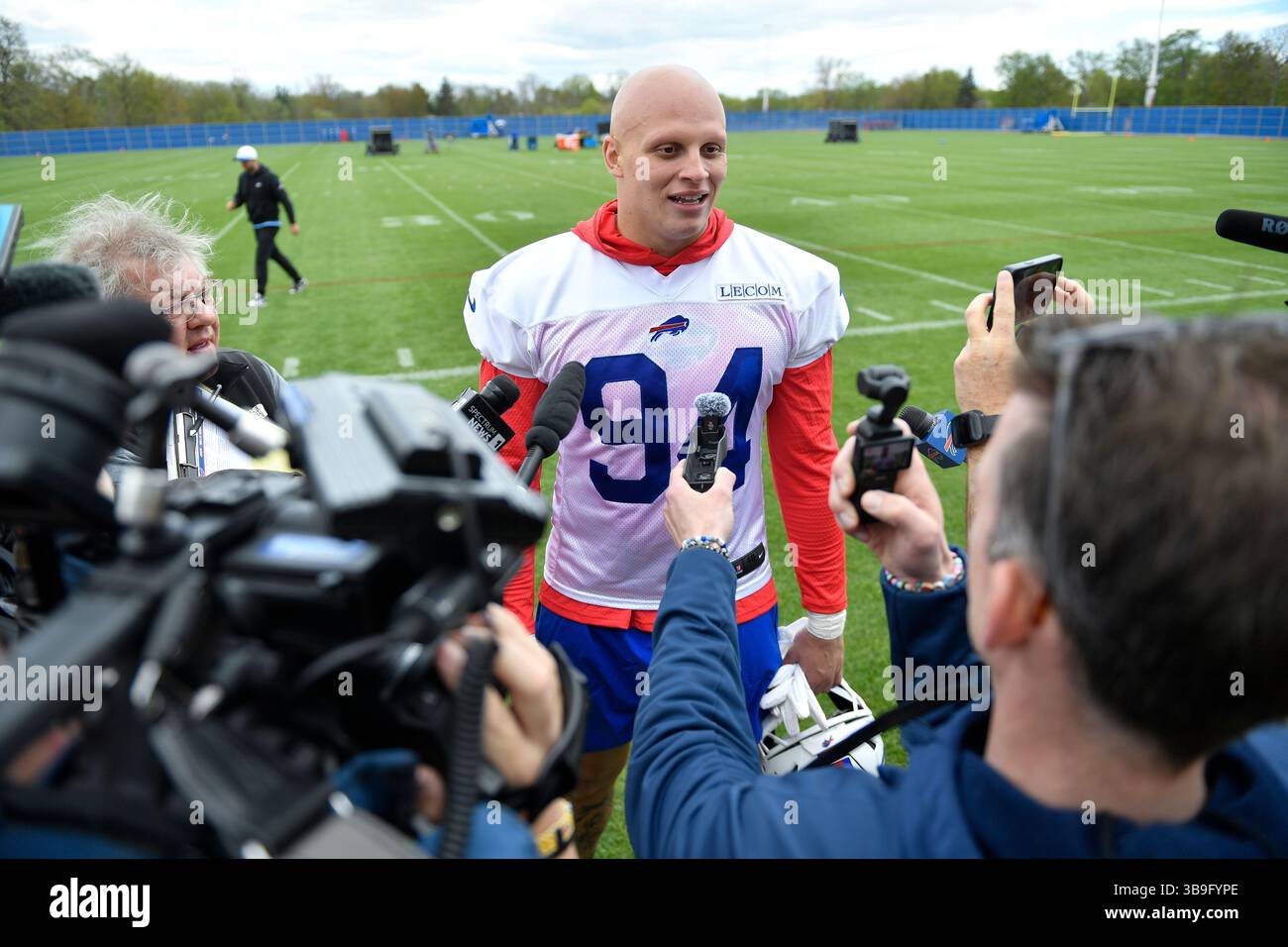 Buffalo Bills edge rusher Landon Jackson (94) speaks to the media after ...