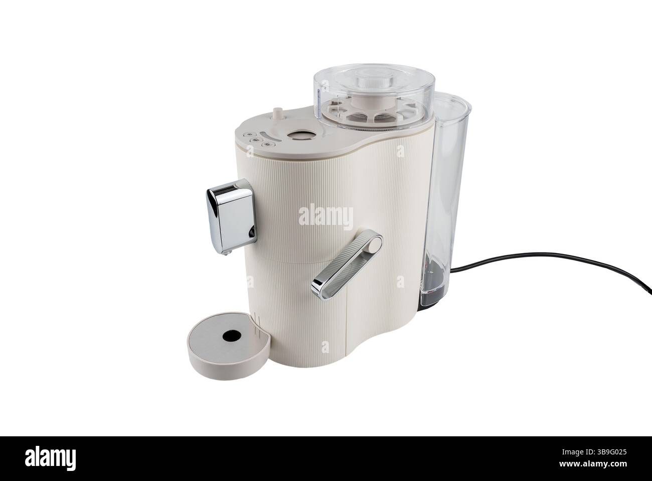 Angled side view of a sleek countertop coffee machine with chrome ...