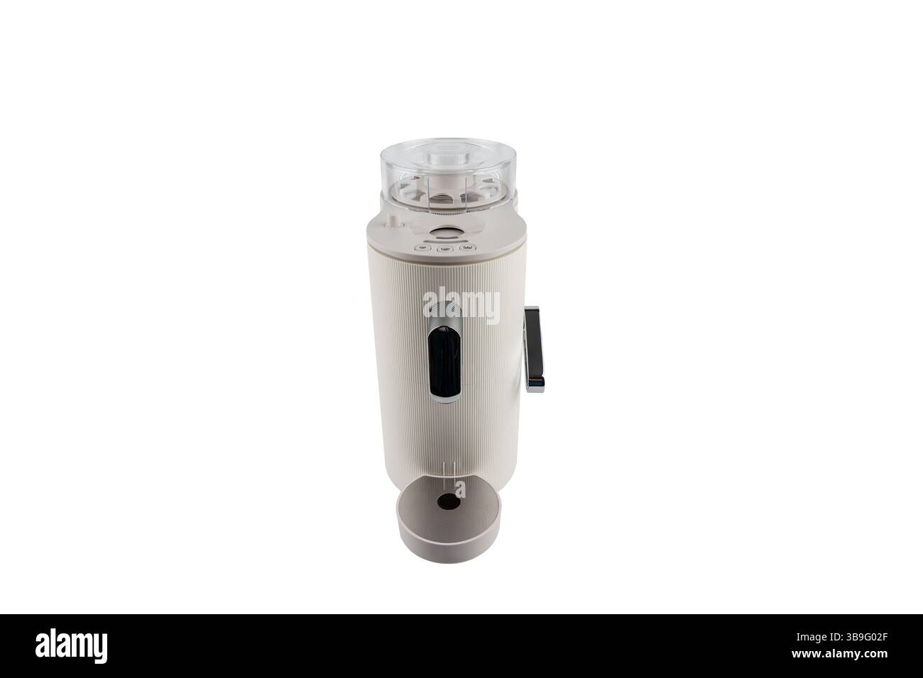 Angled side view of a sleek countertop coffee machine with chrome ...