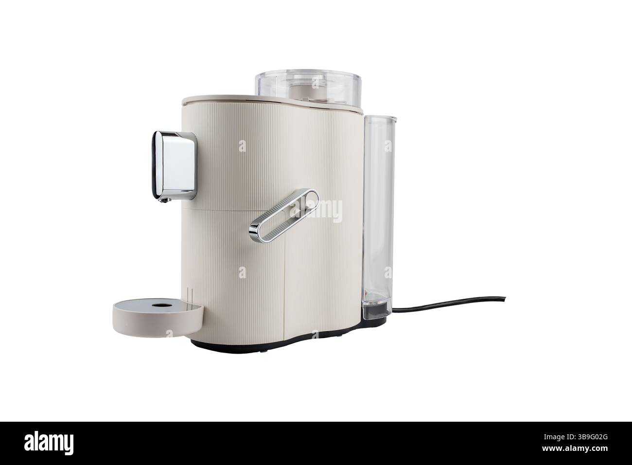 Angled side view of a sleek countertop coffee machine with chrome ...