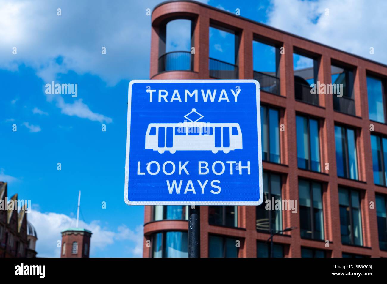 UK Road Sign or Tram sign warning pedestrians to look both ways Stock ...