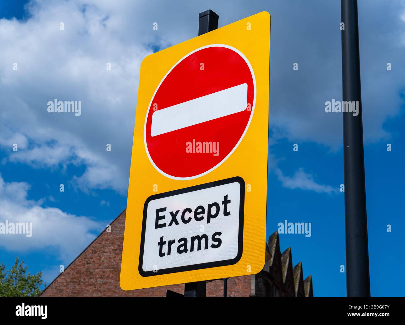 UK Road Sign, No Entry Except Trams, Warning road sign Stock Photo - Alamy