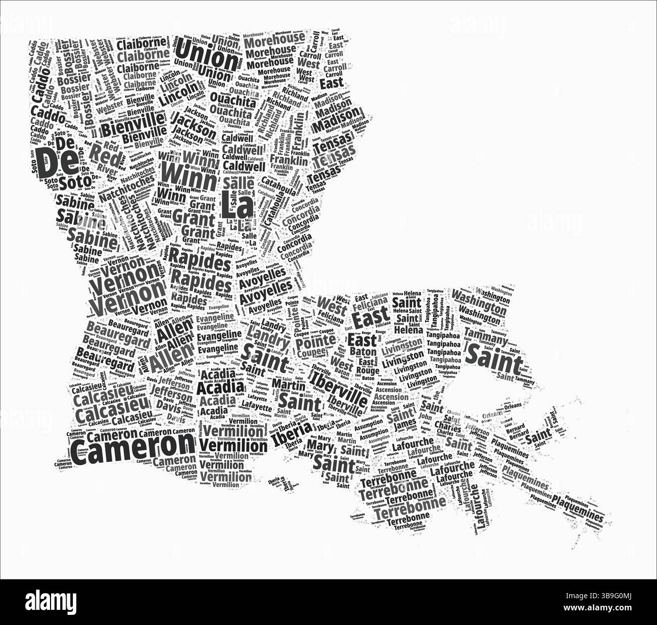Louisiana Text Style Counties. State region names word clouds in the ...