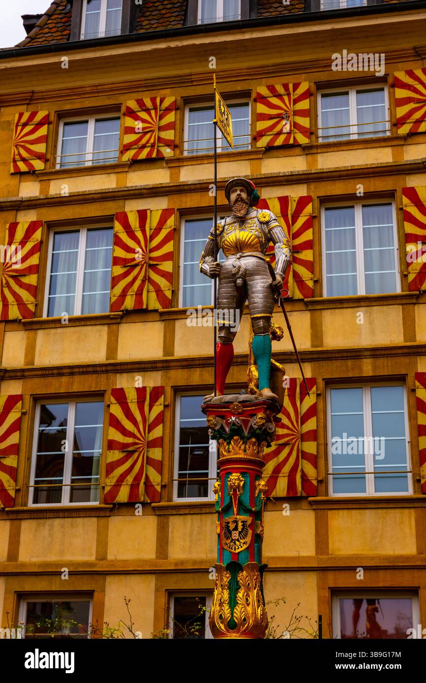 Old Town with House and Window with Shutter and Fountain Statue in City ...