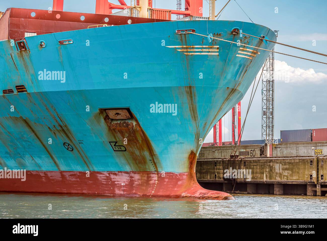 Bow of a large, blue container ship with rusty stains, moored at the ...