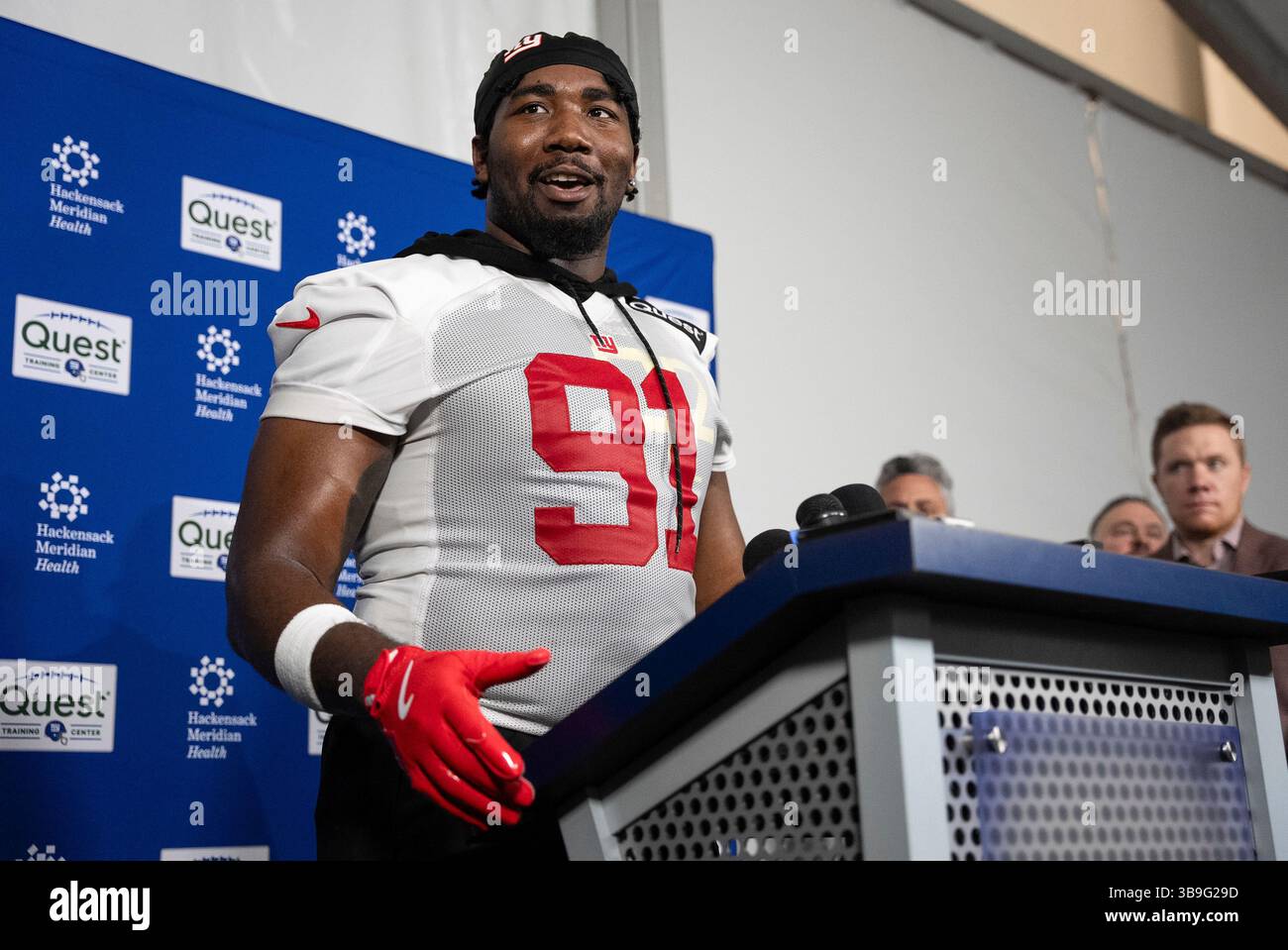 New York Giants defensive tackle Darius Alexander (91) speaks at a ...
