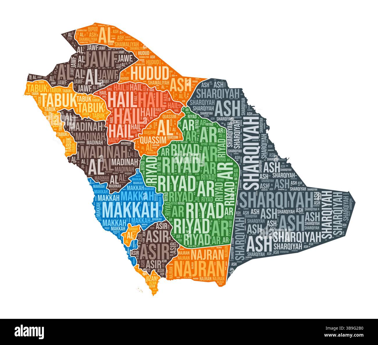 Saudi Arabia shape. Country word cloud with region division. Saudi ...