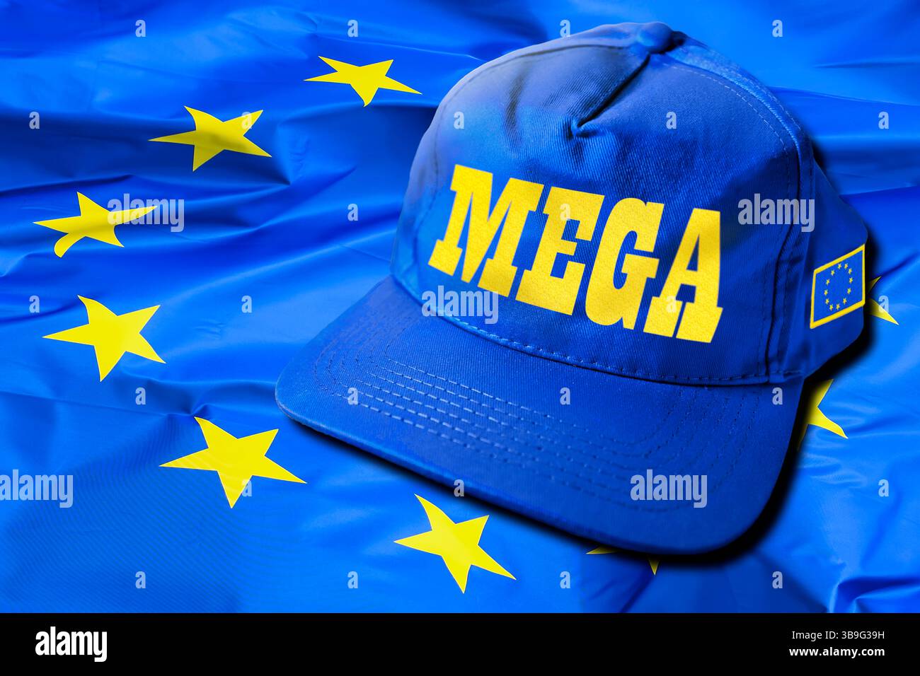 Cap with inscription MEGA on EU flag, photomontage Stock Photo - Alamy