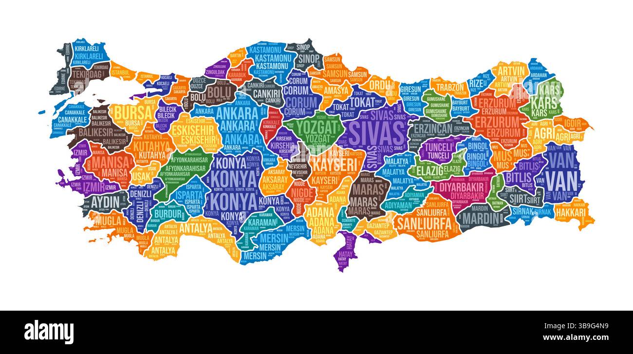 Turkey shape. Country word cloud with region division. Turkey colored ...