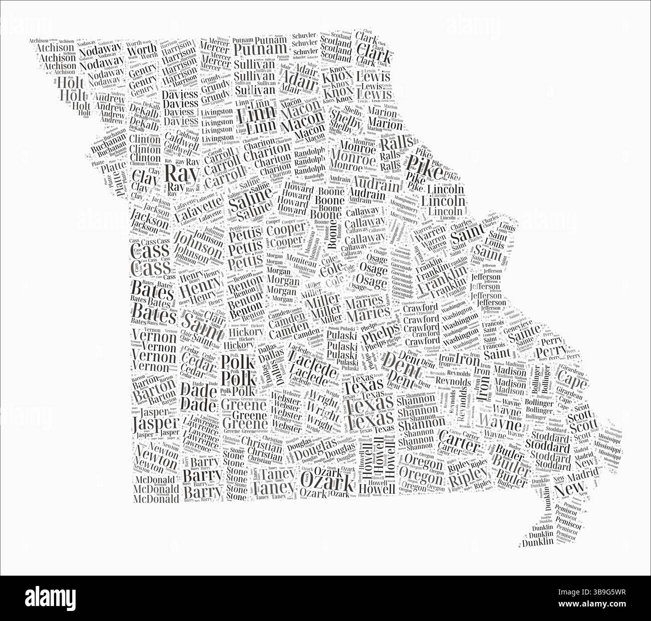 Missouri Text Style Counties. State region names word clouds in the ...