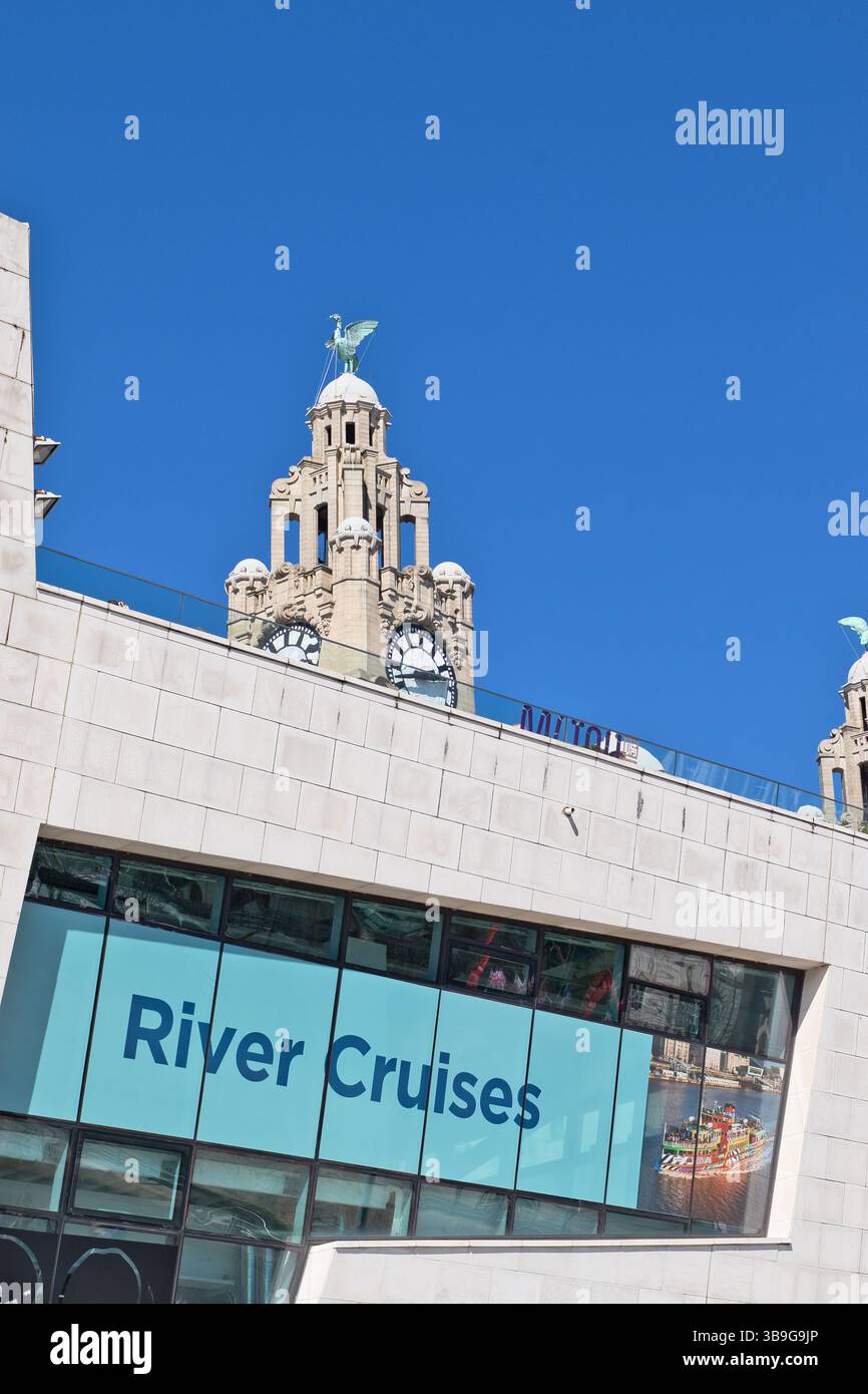 A partial view of the Liver Building tower featuring a clock, windows ...