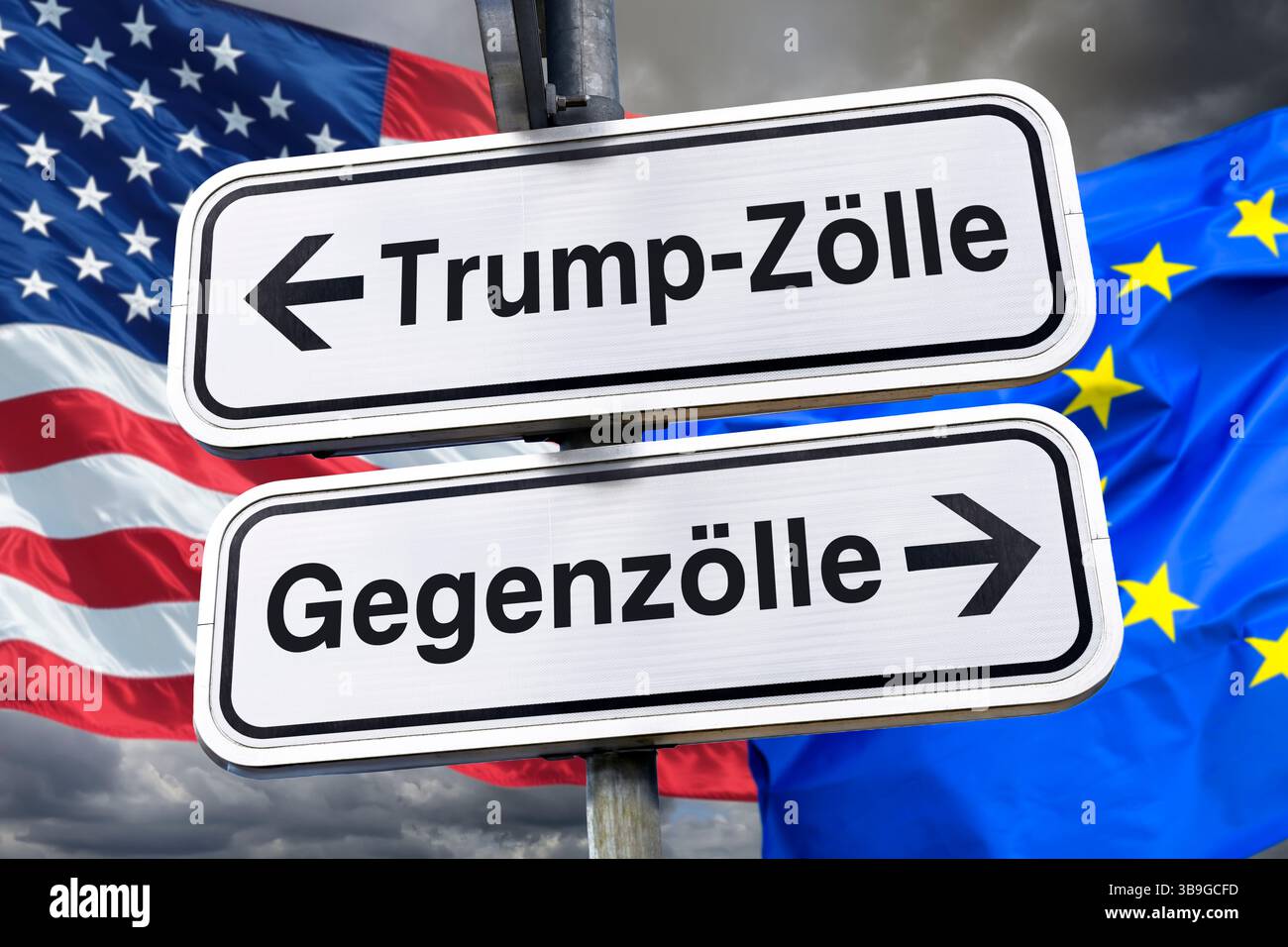 Signposts with the words Trump tariffs and counter-tariffs in front of ...