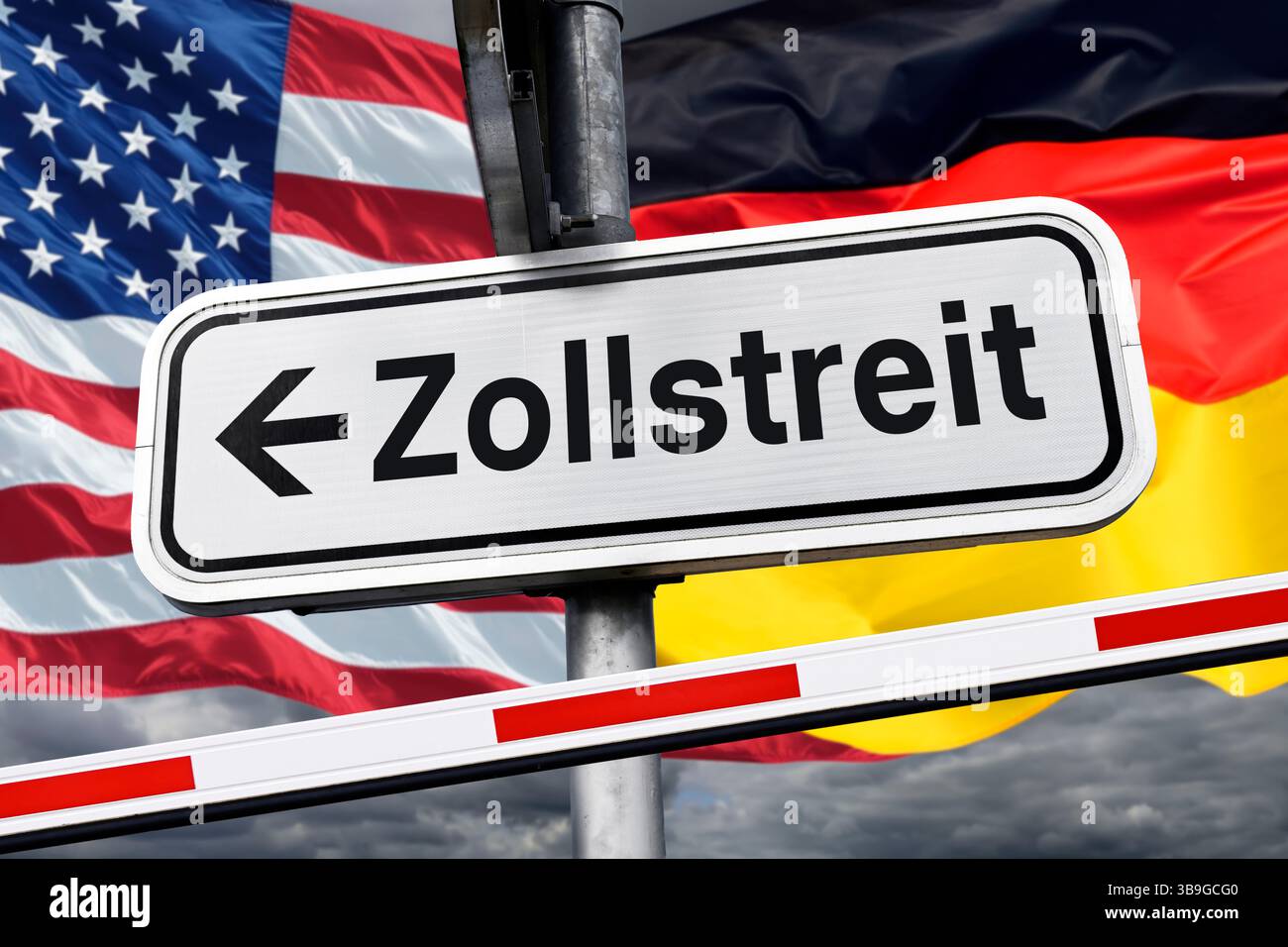 Signpost with the inscription Customs dispute in front of the flags of ...