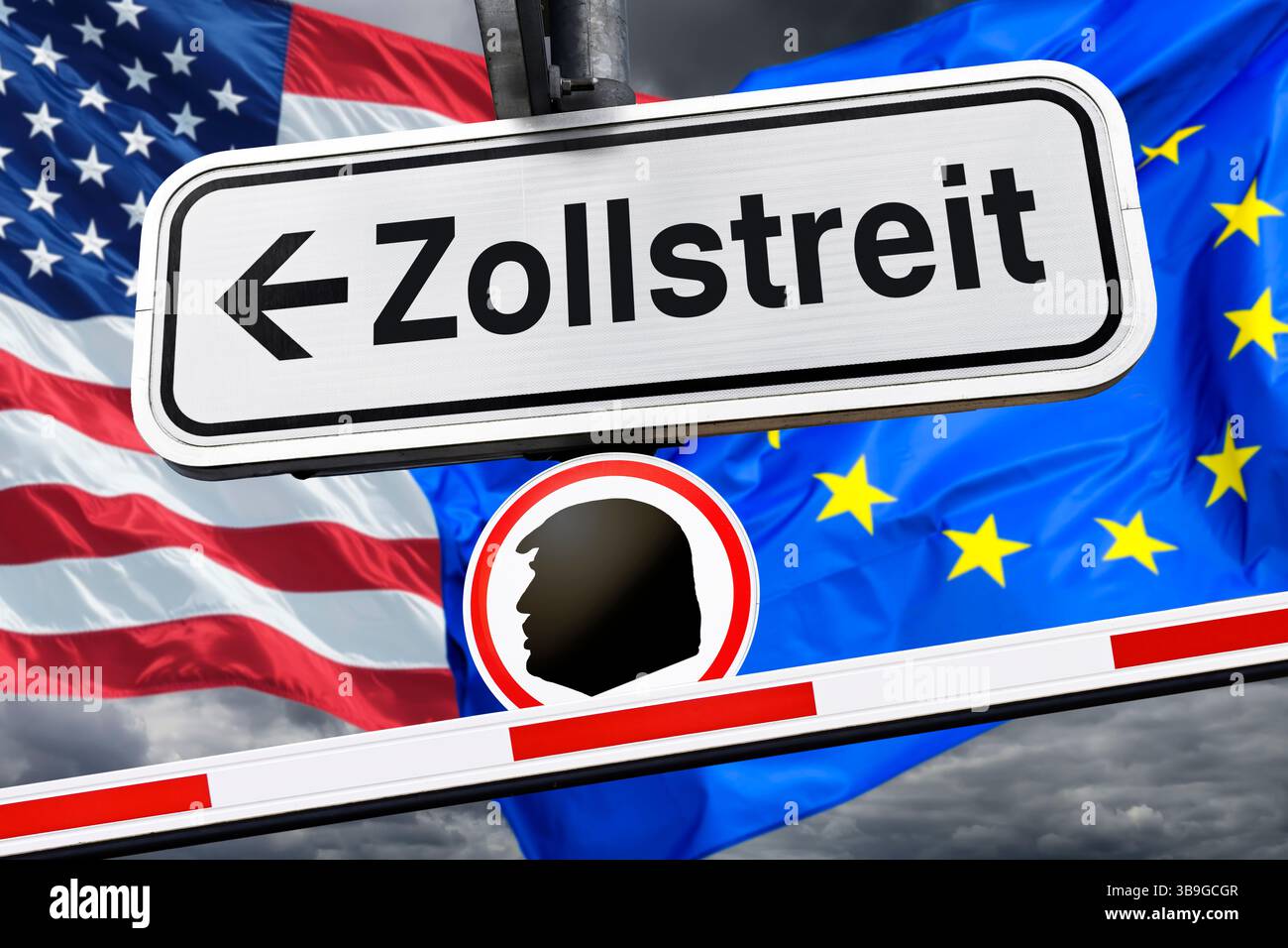 Signpost with the inscription Customs dispute in front of the flags of ...