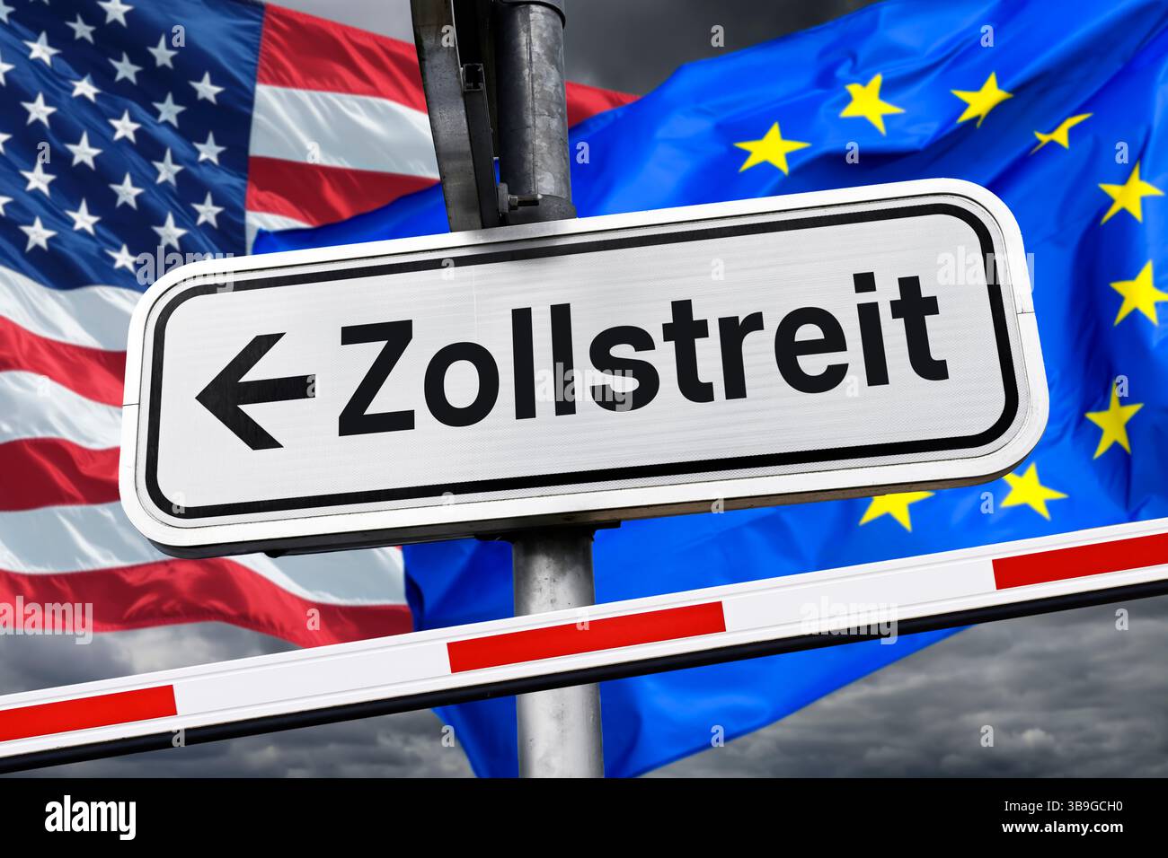 Signpost with the inscription Customs dispute in front of the flags of ...