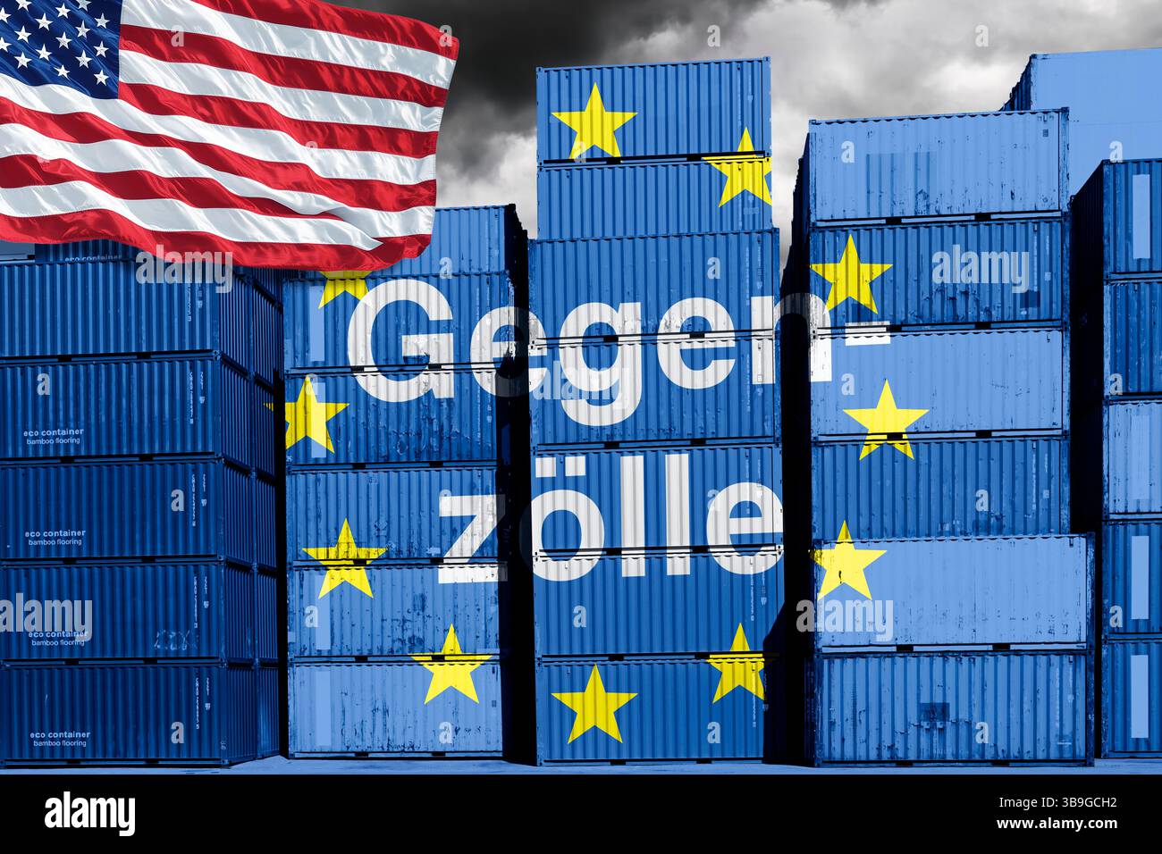 Eu and us flag in front of stacked containers hi-res stock photography ...