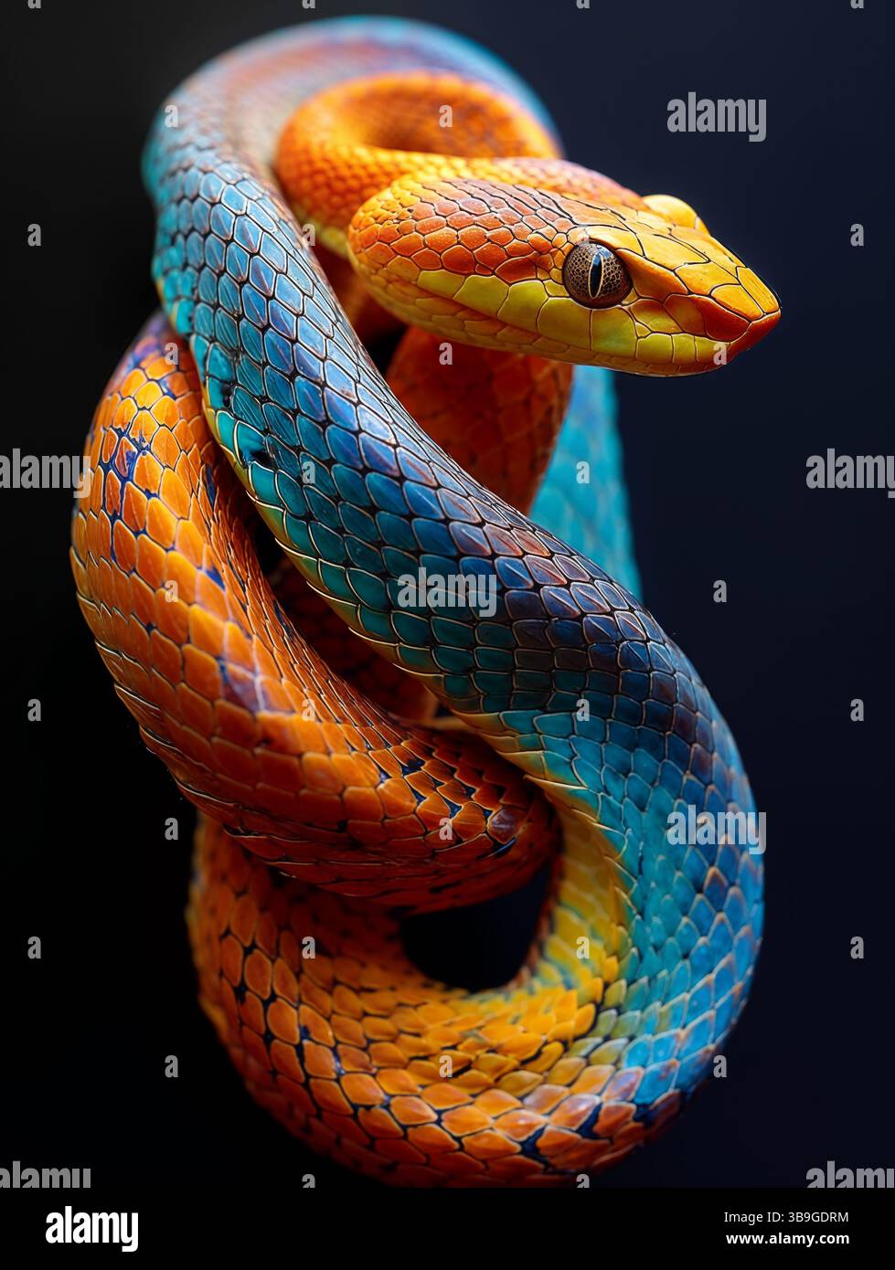 A striking, multicolored snake displays its vibrant blue, orange, and ...