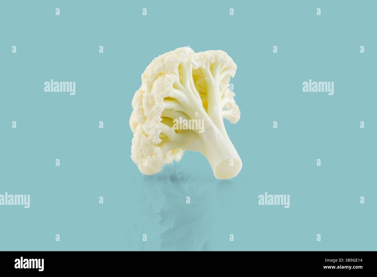 Single piece of raw cauliflower on a reflective surface against a ...