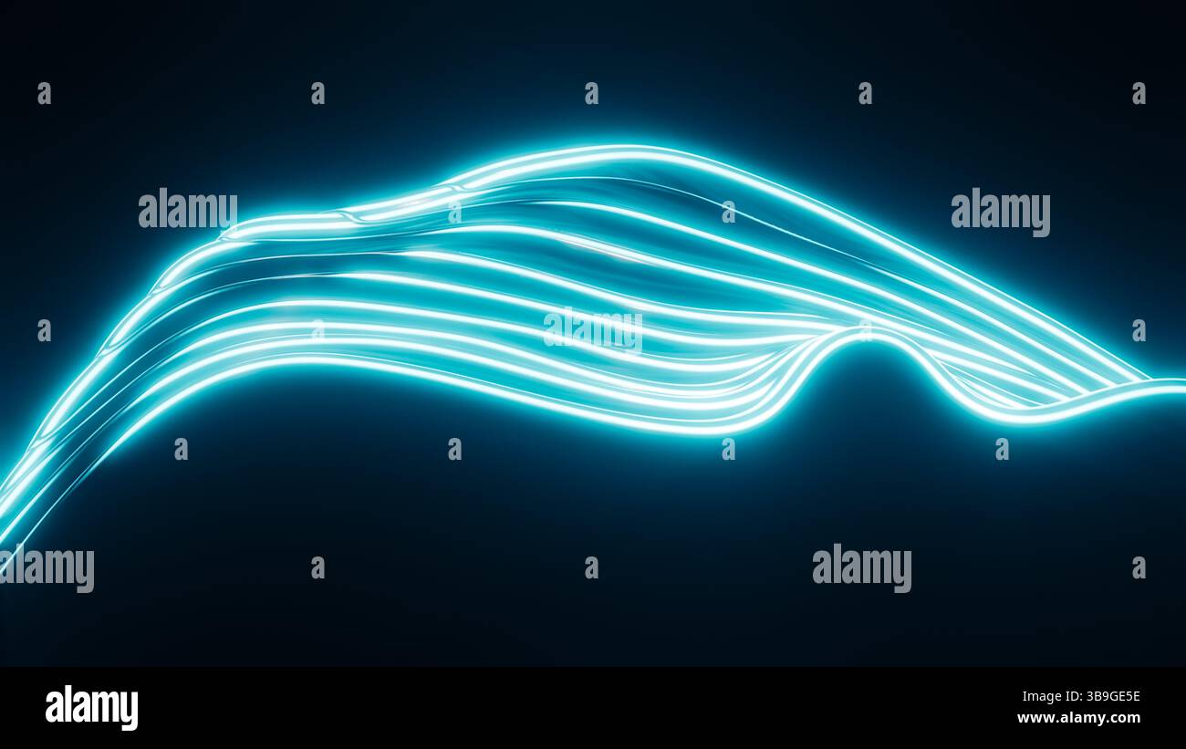 Abstract neon lines create a wave-like form against a dark background ...