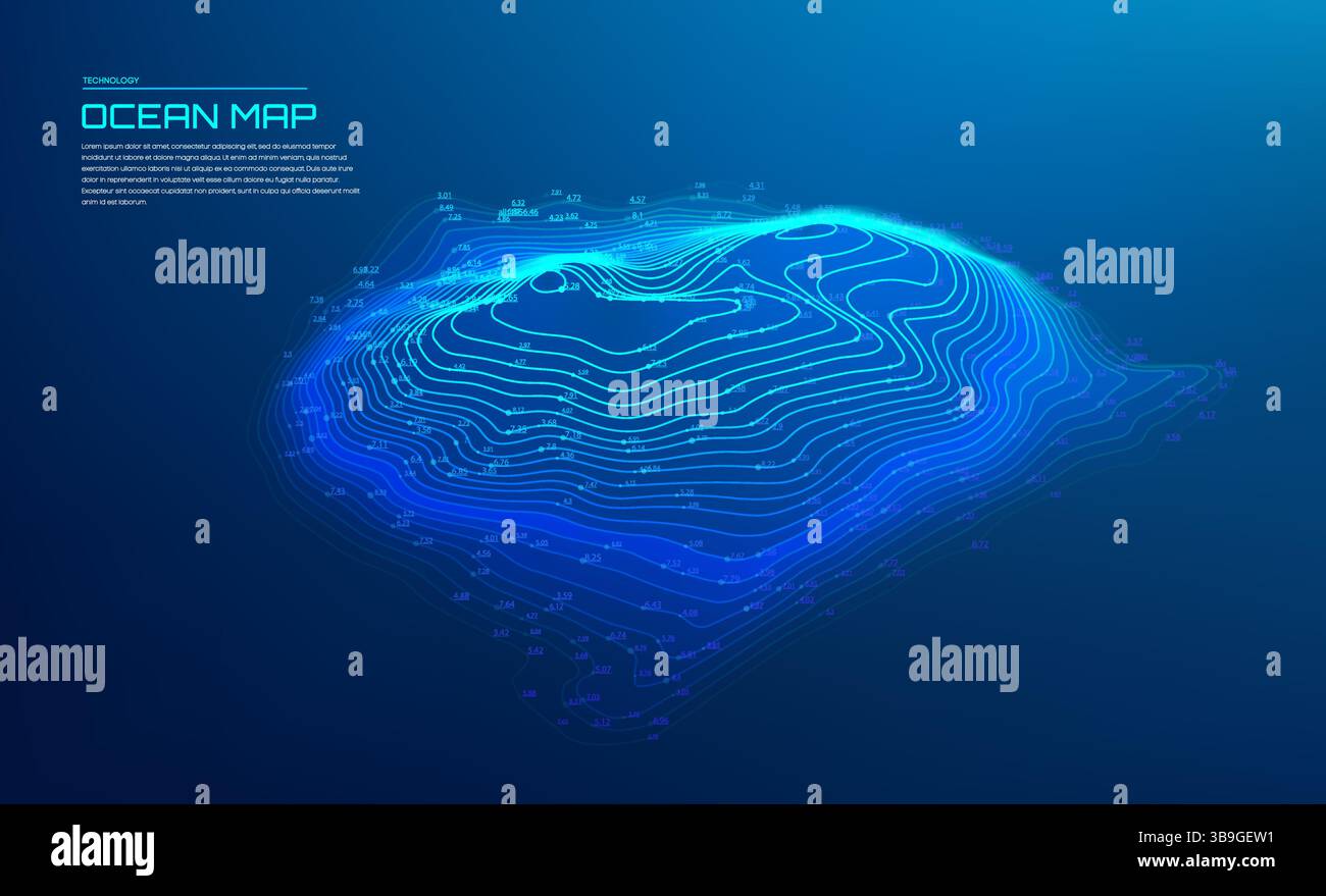 Ocean Map With 3d Glowing Contour Lines And Bathymetric Depth Levels On