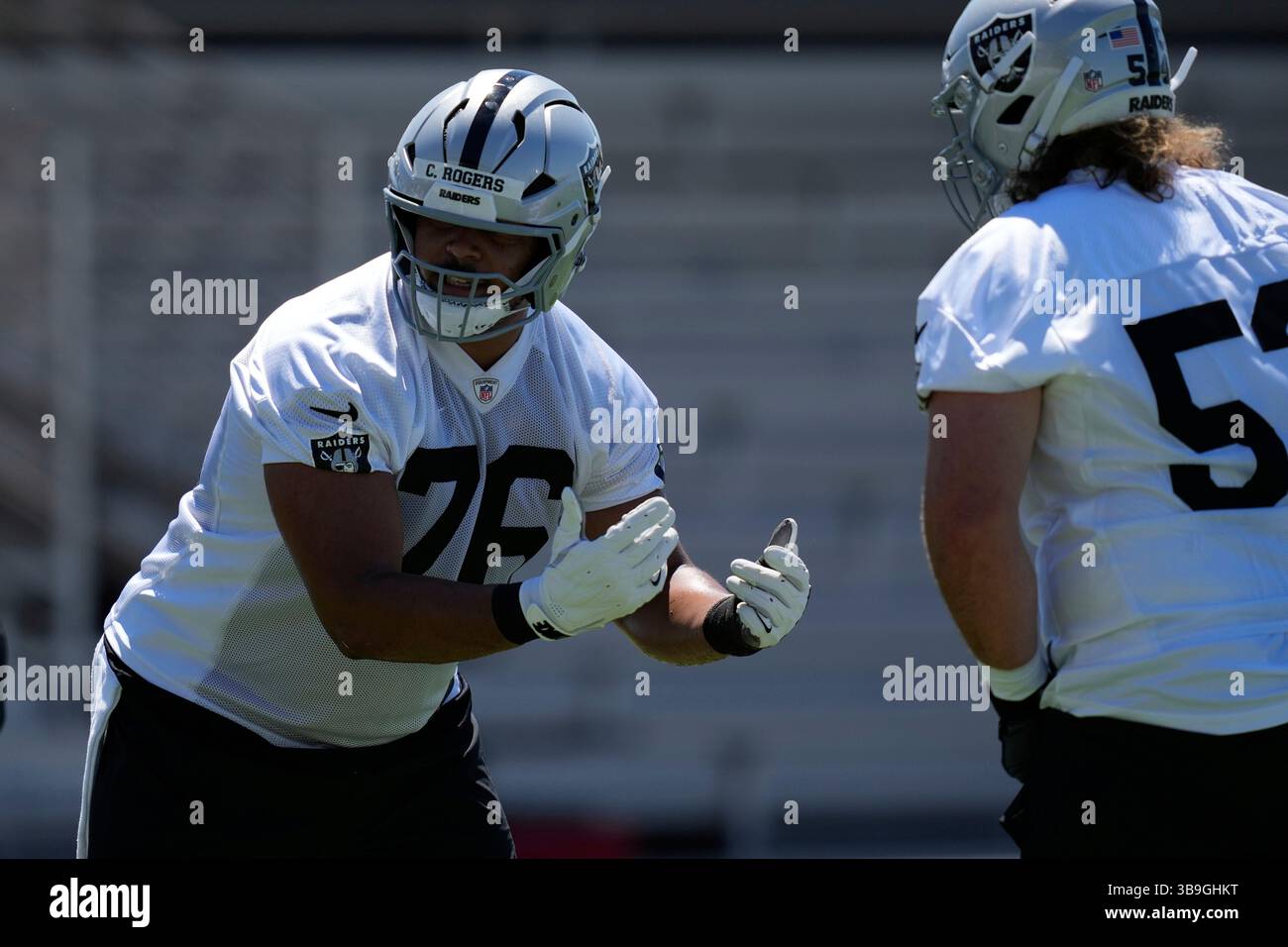Las Vegas Raiders' Caleb Rogers takes part during an NFL football rookie mini camp Friday, May 9 ...