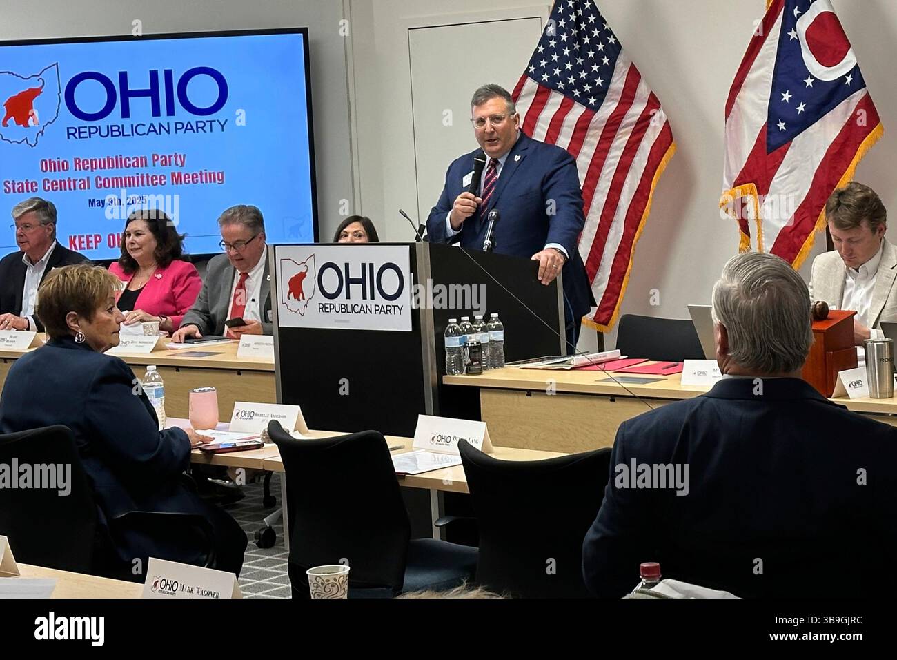 Ohio Republican Party Chair Alex Triantafilou, center, leads a meeting ...