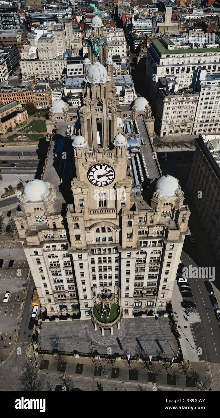 Aerial shot of the Liver Building, a large sandstone building with ...