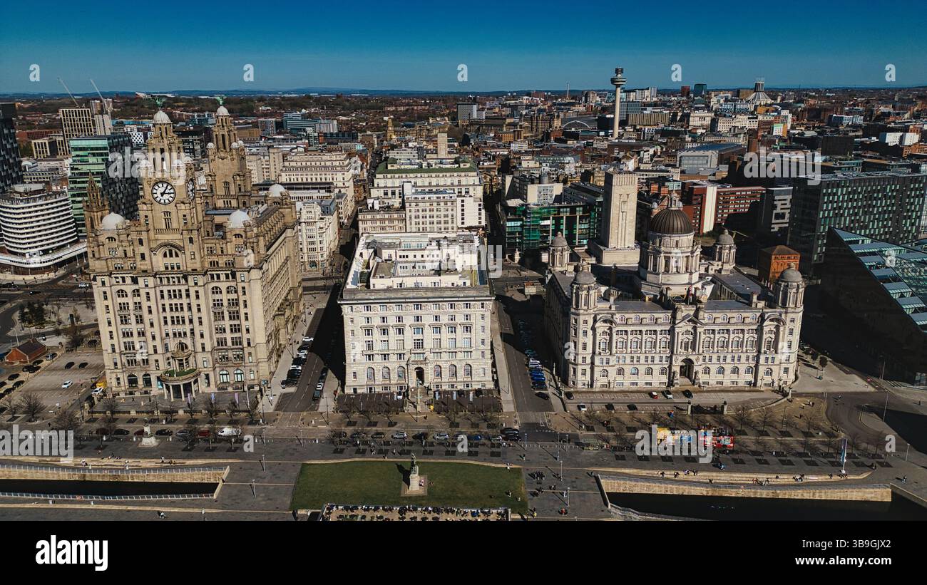 Aerial view of Liverpool featuring the Three Graces, buildings, roads ...
