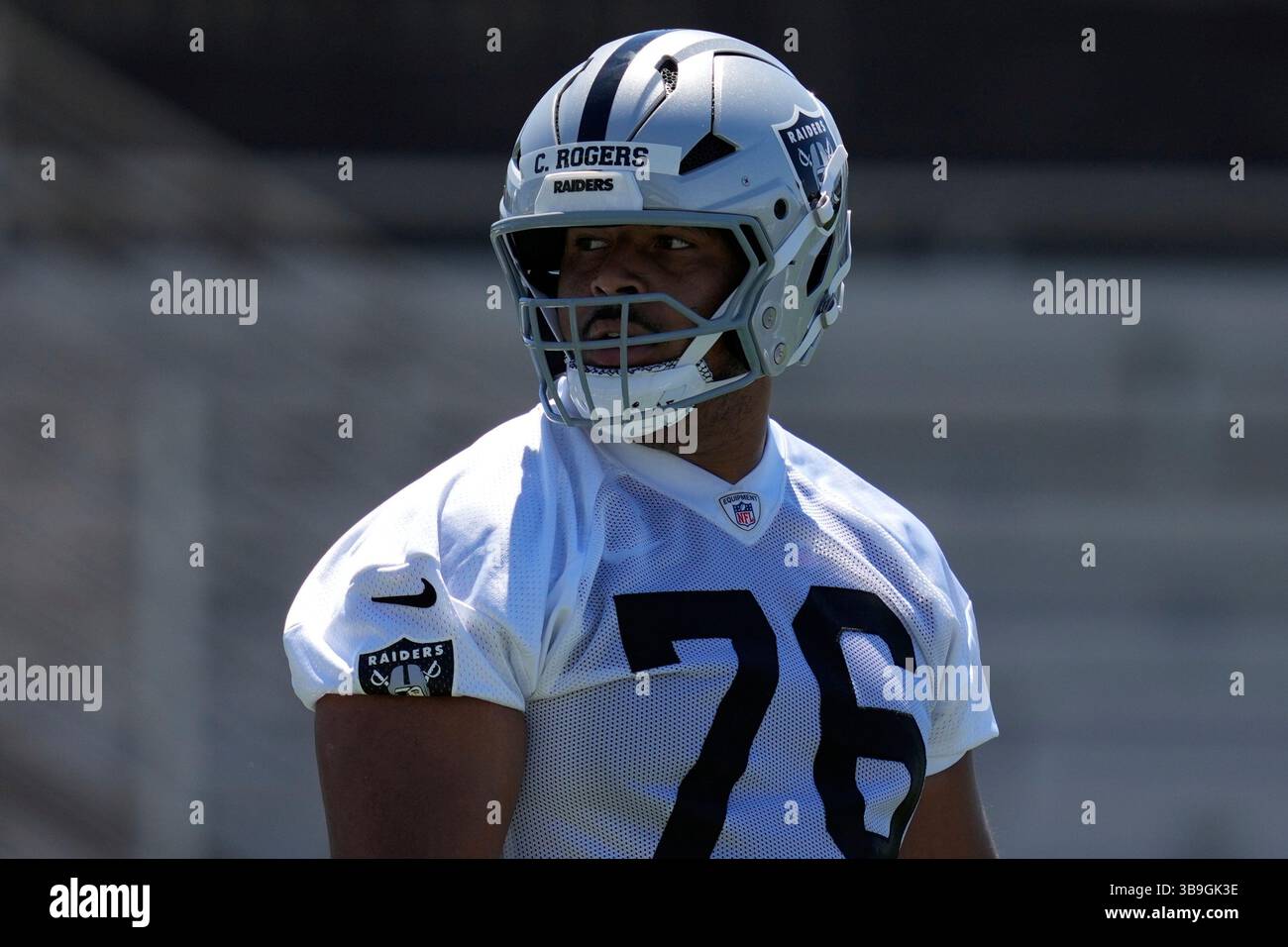 Las Vegas Raiders' Caleb Rogers takes part during an NFL football rookie mini camp Friday, May 9 ...