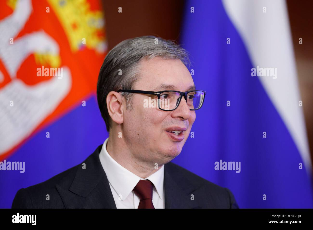 Serbia's President Aleksandar Vucic speaks during a news conference ...