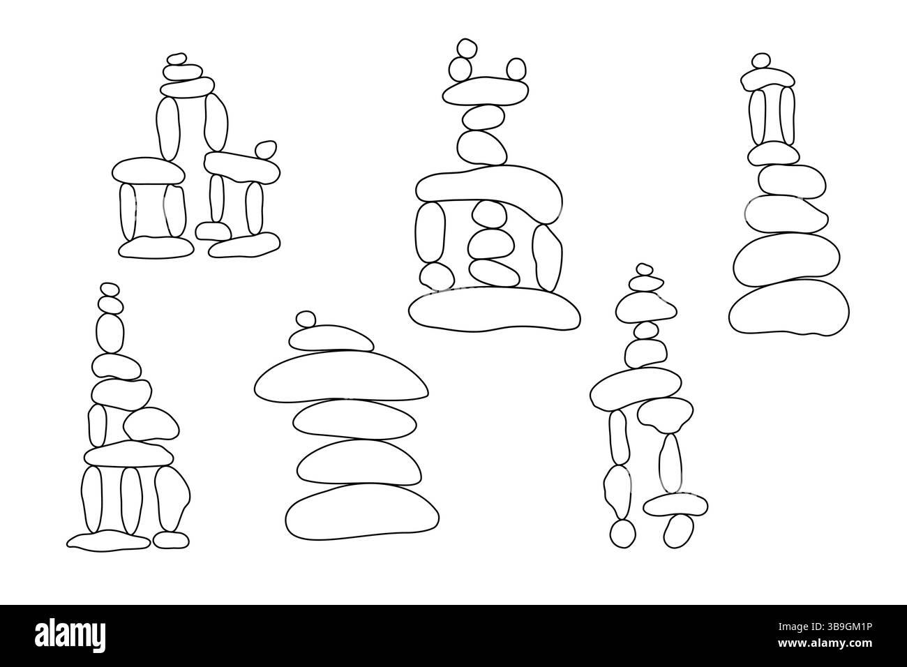 Zen stone cairns set in simple doodle style outline vector illustration ...