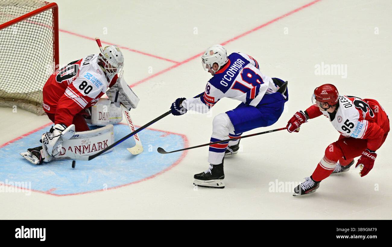 Herning, Denmark. 09th May, 2025. (L R) Goalkeeper Frederik Dichow Nissen of Denmark, Drew O ...