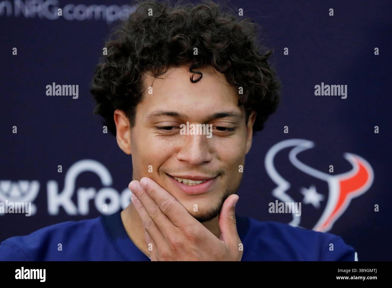 Houston Texans wide receiver Jayden Higgins answers questions during a ...