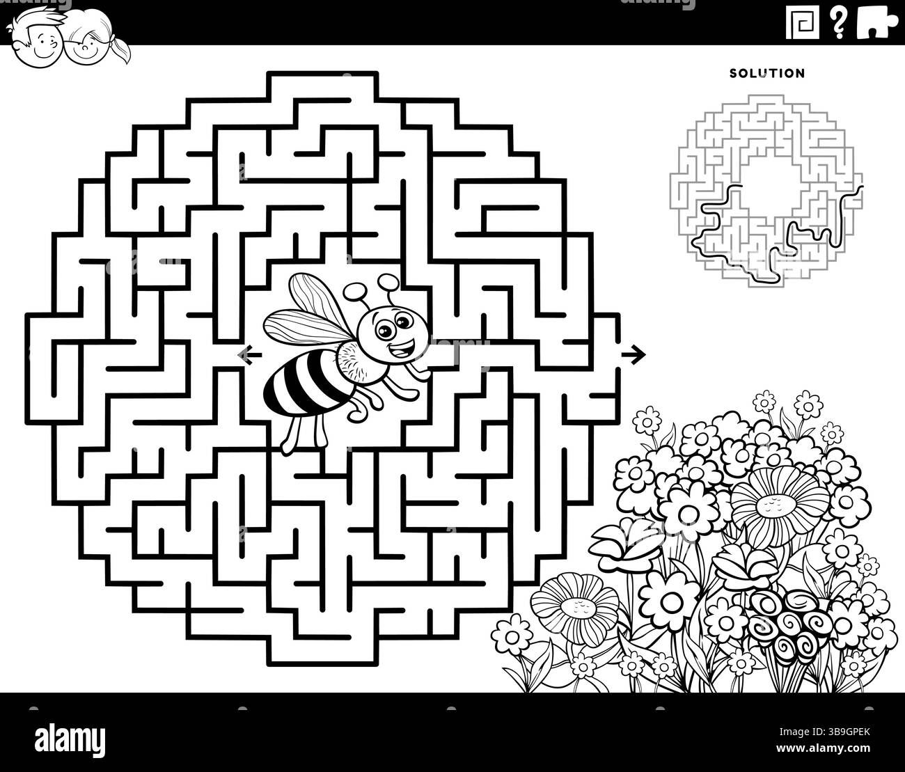 Cartoon illustration of educational maze puzzle activity with bee and ...