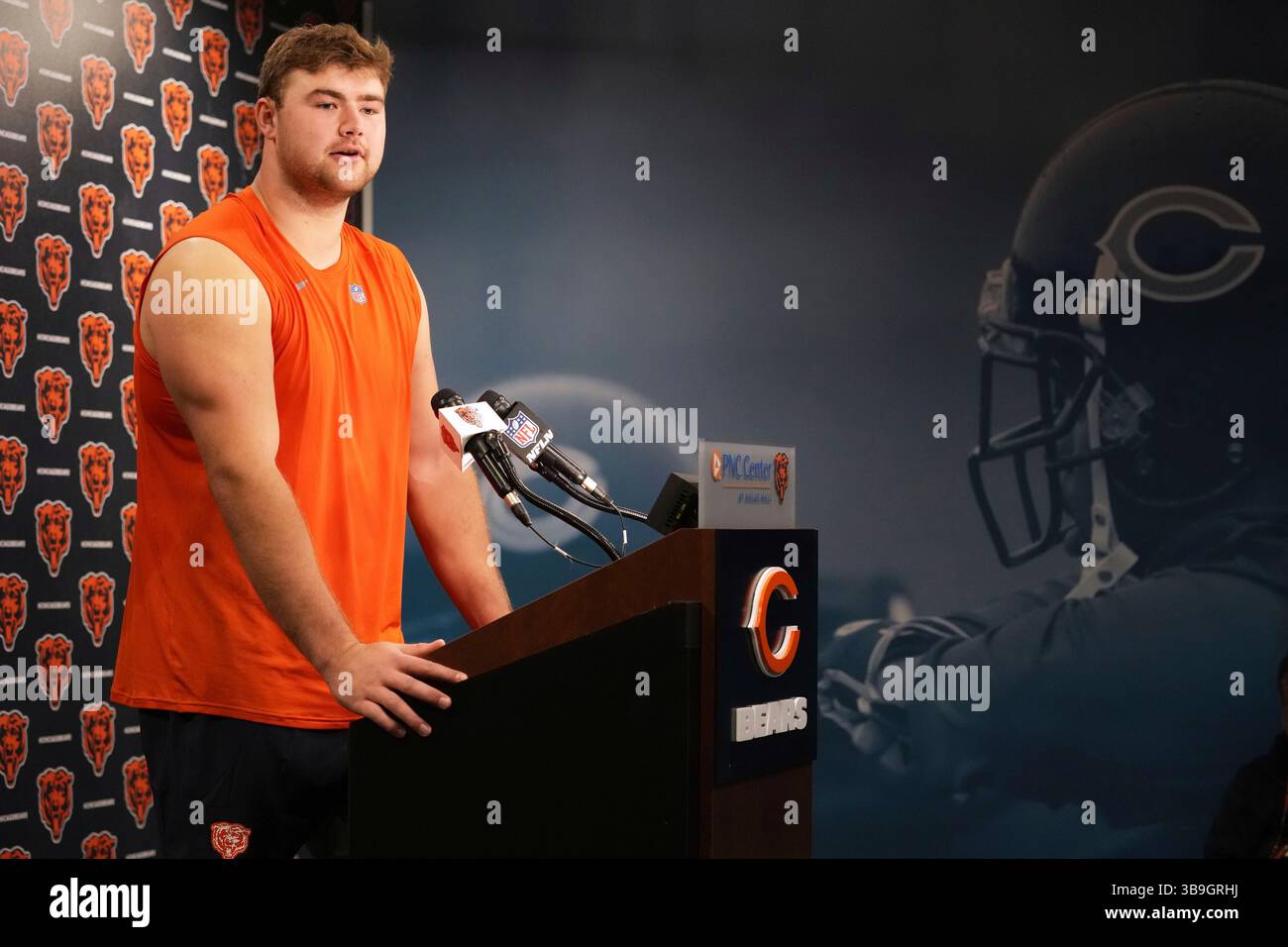 Chicago Bears offensive line Ozzy Trapilo talks to media members during ...